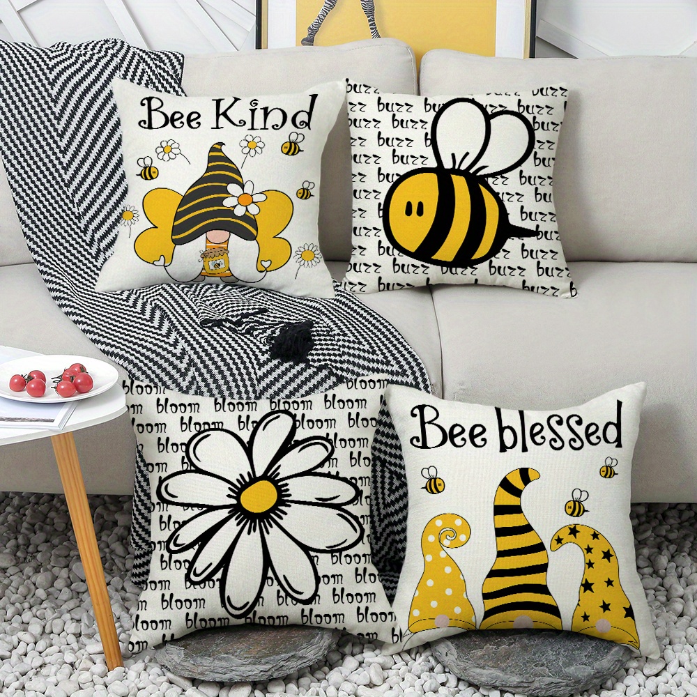 Yellow Cartoon Bee Pattern Linen Throw Pillow Cover - Temu New Zealand