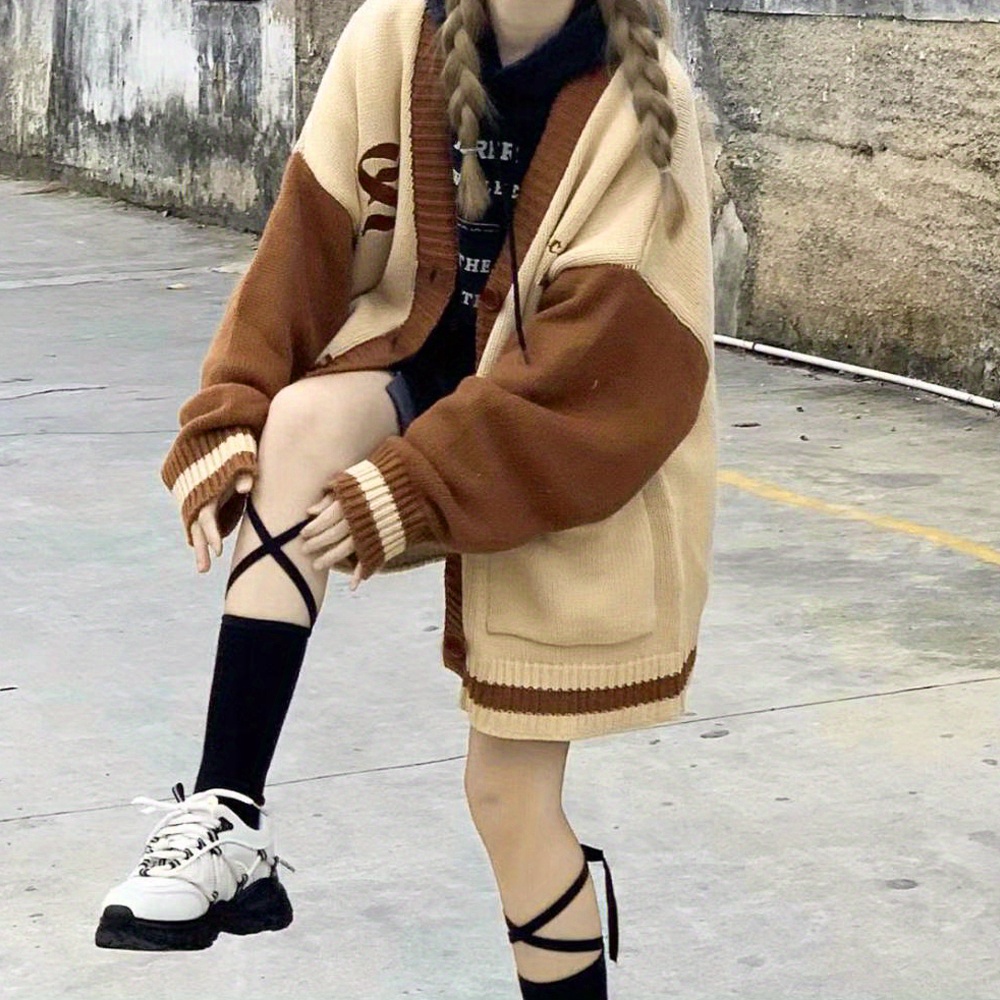 Embroidered Color Block Drop Shoulder Cardigan Preppy Long - Temu