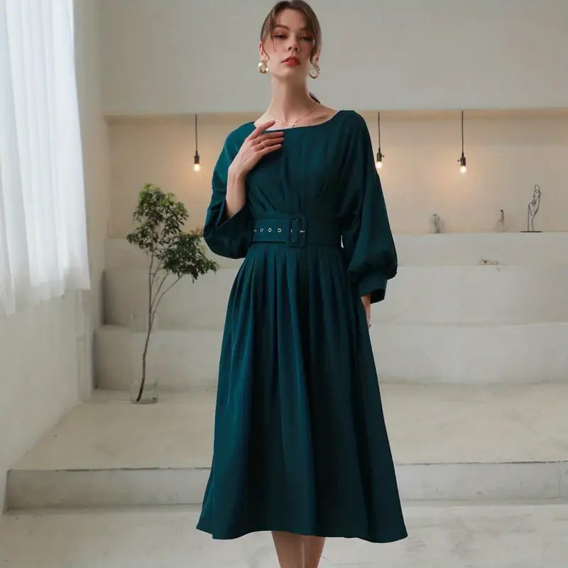 Solid Versatile Dress Elegant Crew Neck Lantern Sleeve Midi Temu New