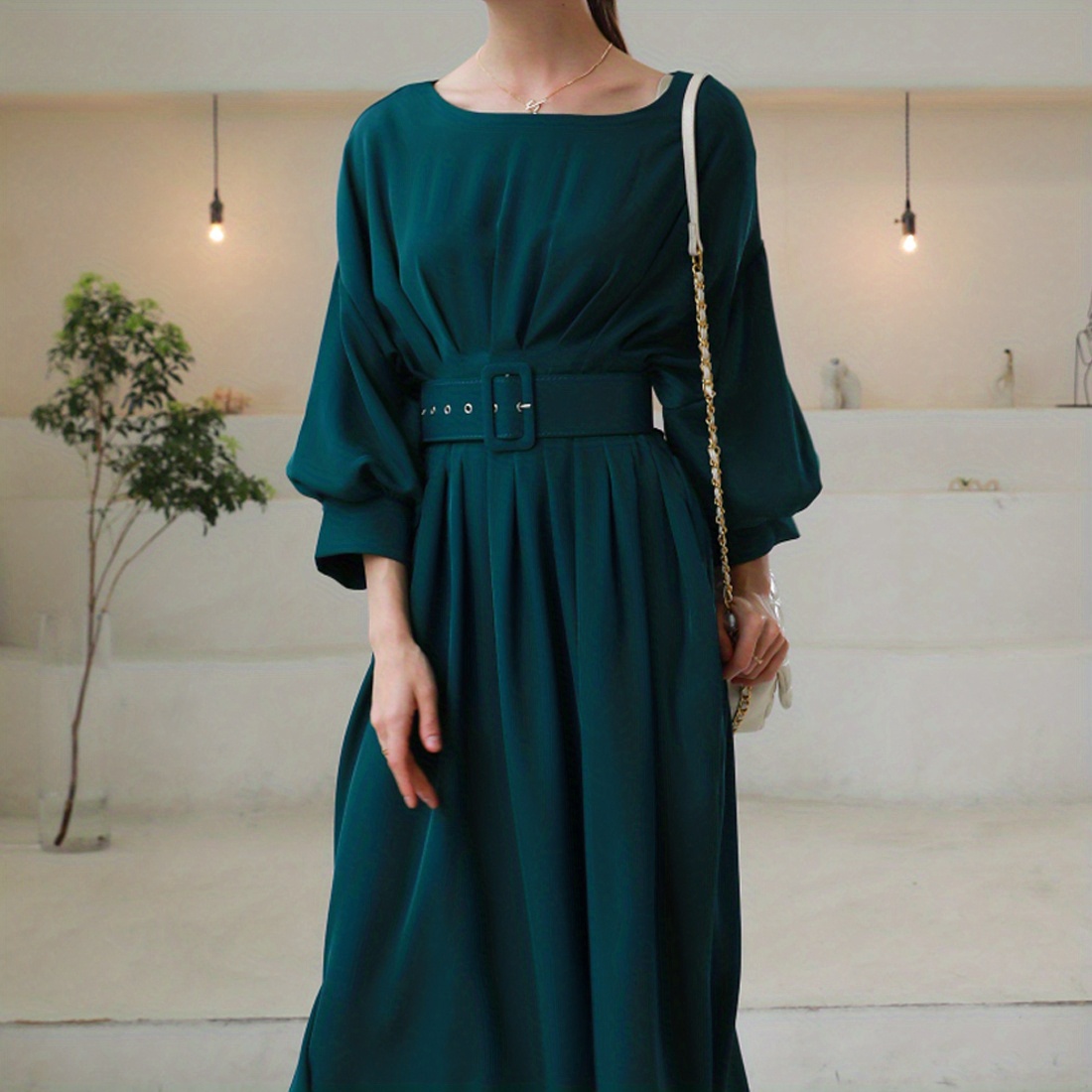 Solid Versatile Dress Elegant Crew Neck Lantern Sleeve Midi Temu New