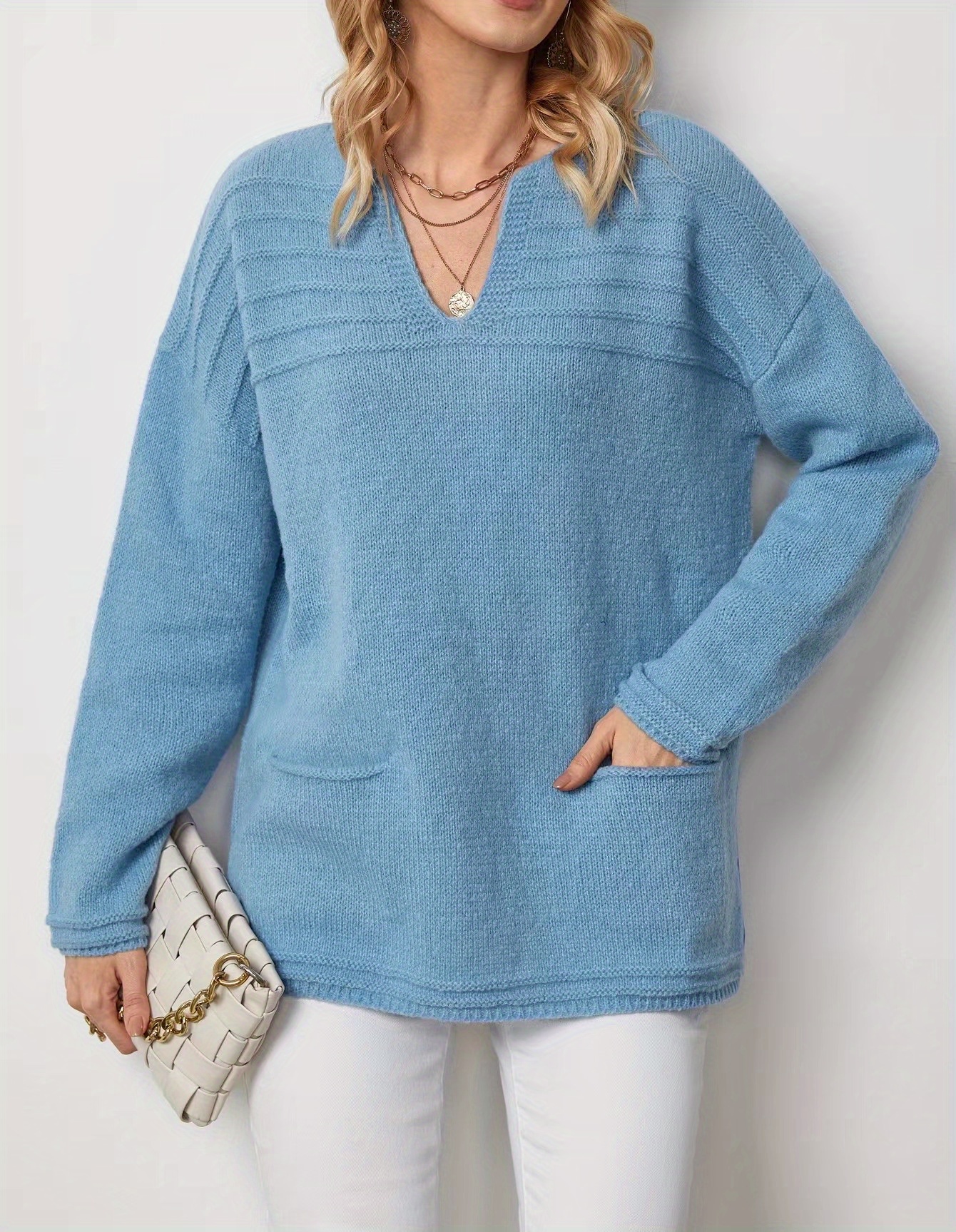 Notched Neck Knit Sweater Casual Pocket Front Long Sleeve - Temu Norway