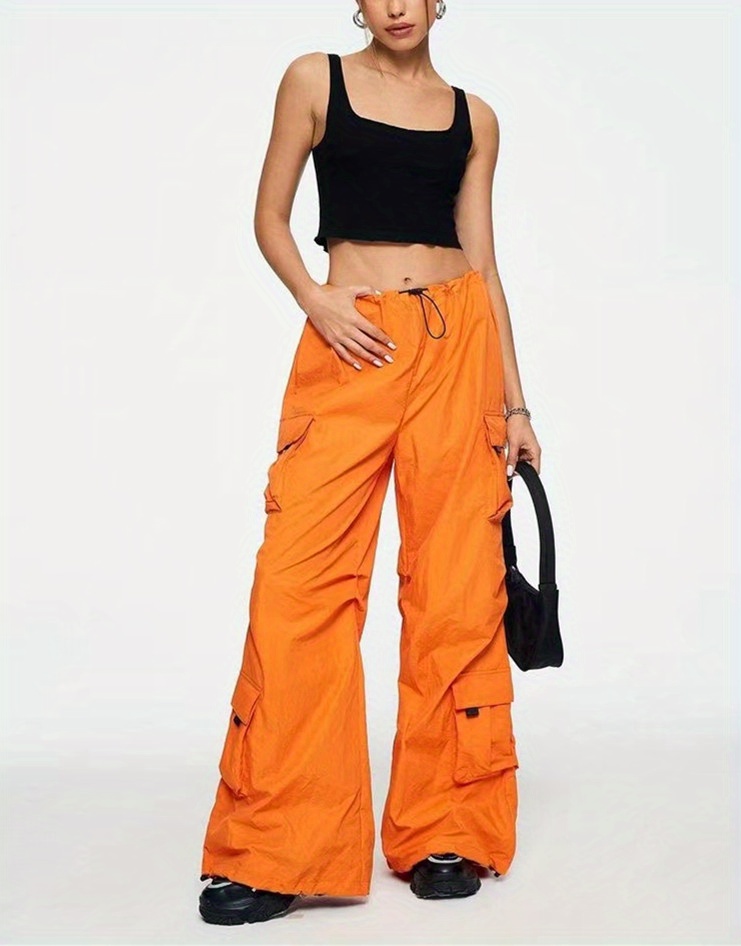 Y2k Wide Leg Cargo Pants Solid Drawstring Pants Pockets - Temu