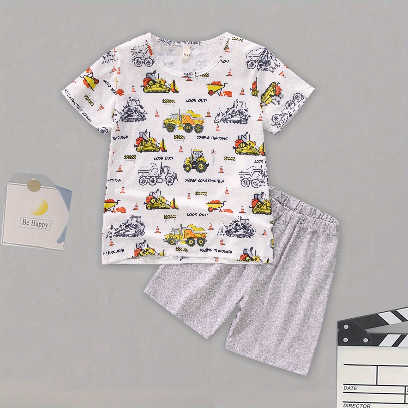 Boys Cartoon Engineering Cars Pattern Casual Outfit Round - Temu Australia