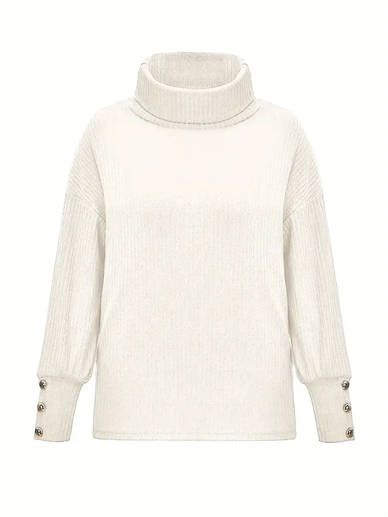 Solid Turtle Neck Button Pullover Sweater Casual Long Sleeve Temu