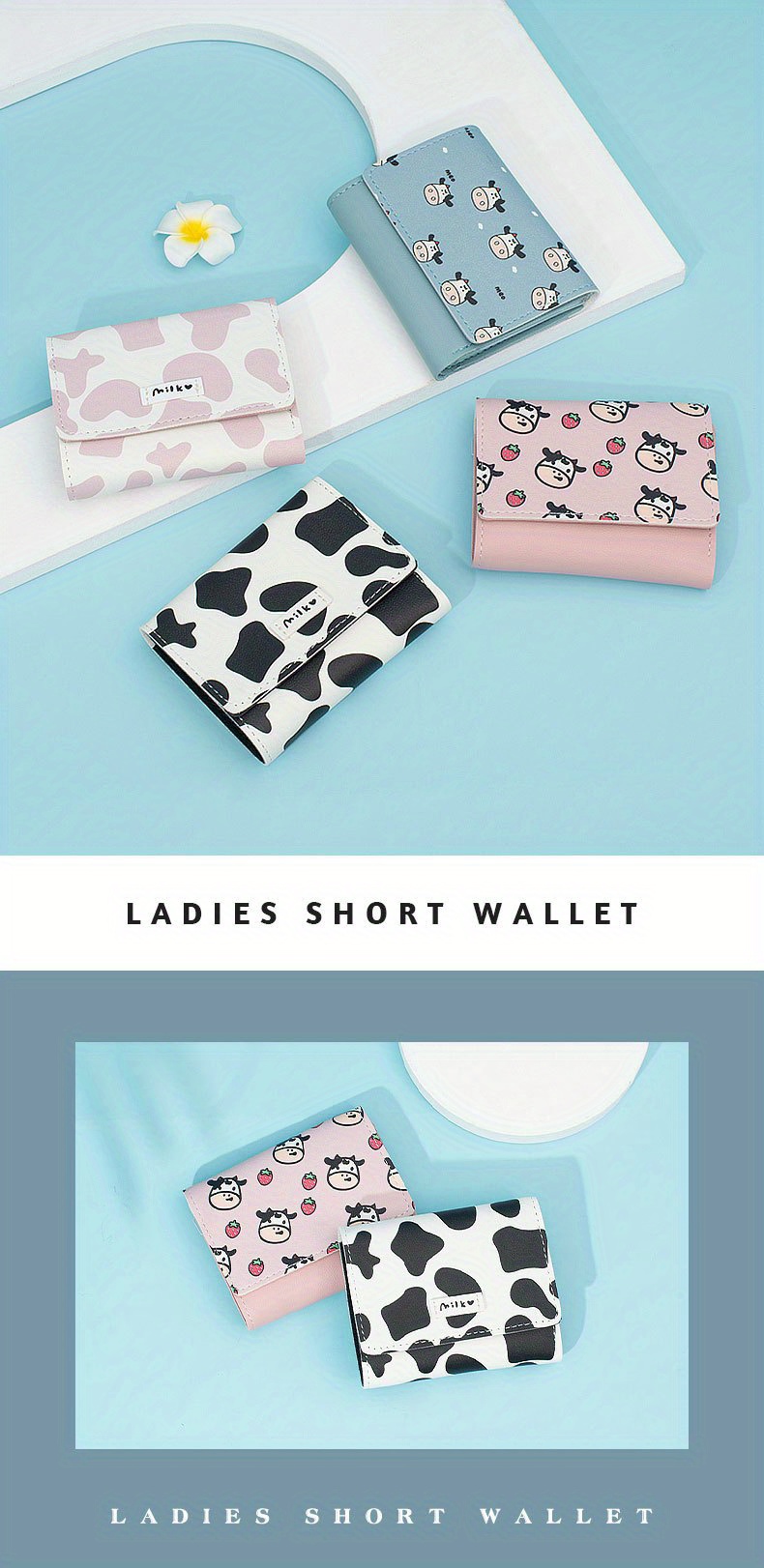 cartoon cow print short wallet trifold coin purse trendy - Temu New Zealand