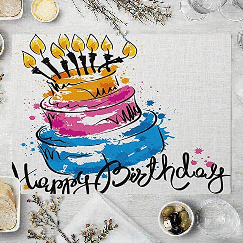 1pc Happy Birthday Placemat Linen Place Mats Cake Handwritten ...