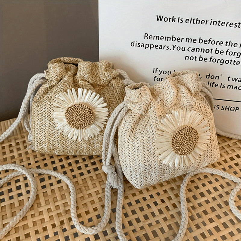 Girls Creative Sunflower Decor Straw Braided Drawstrings - Temu United