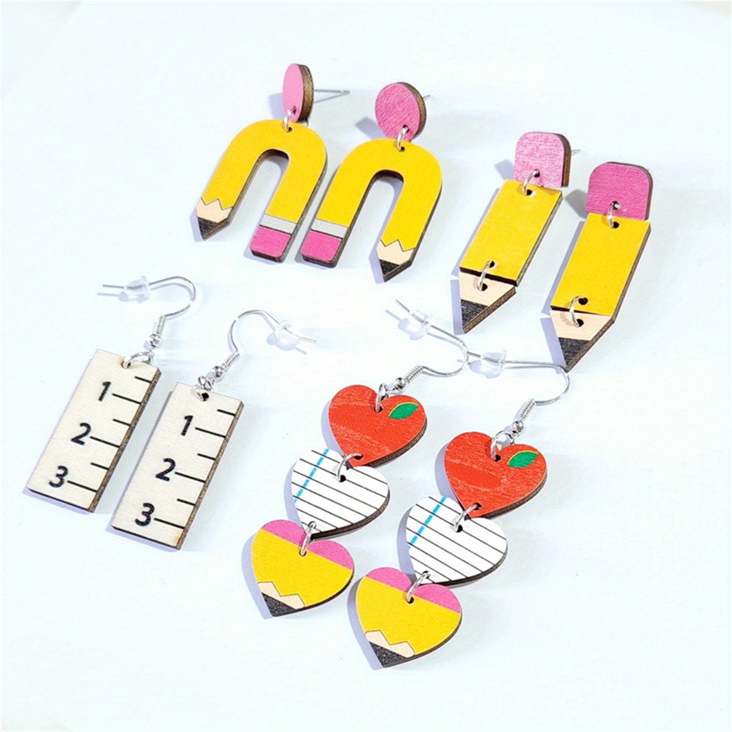 Cute Cartoon Pencil Rainbow Ruler Heart Earring Set - Temu New Zealand