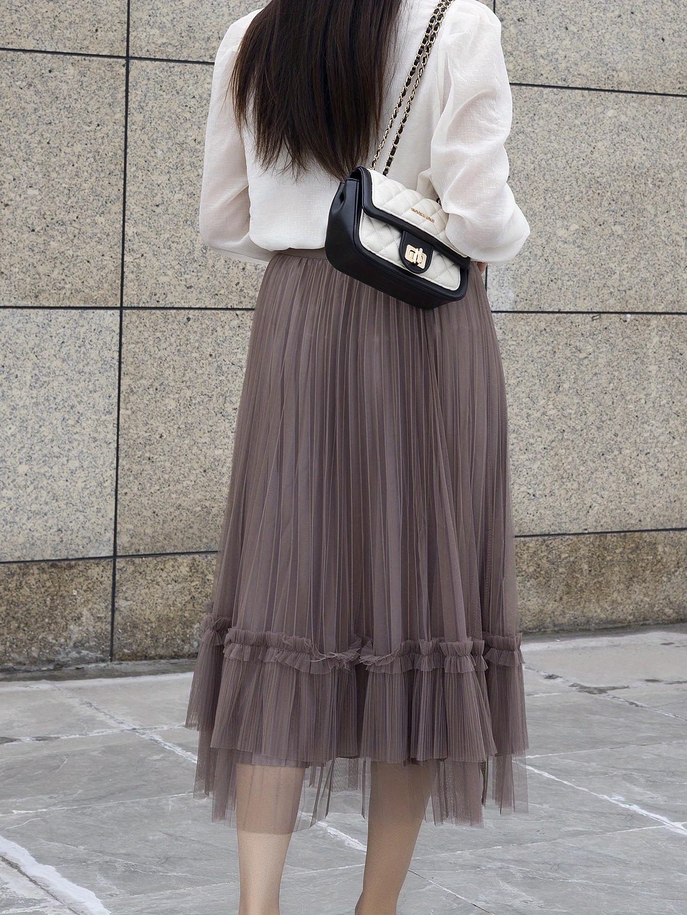 pleated mesh skirt elegant ruffle trim high waist - {region_name}