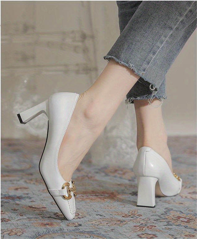 women's metal decor high heels comfy square toe slip - {region_name}