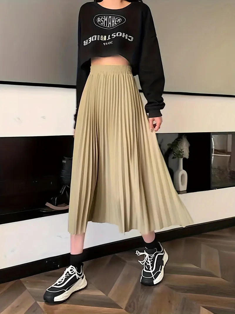 Elastic High Waist Pleated Skirt Elegant Skirt Spring Fall Temu