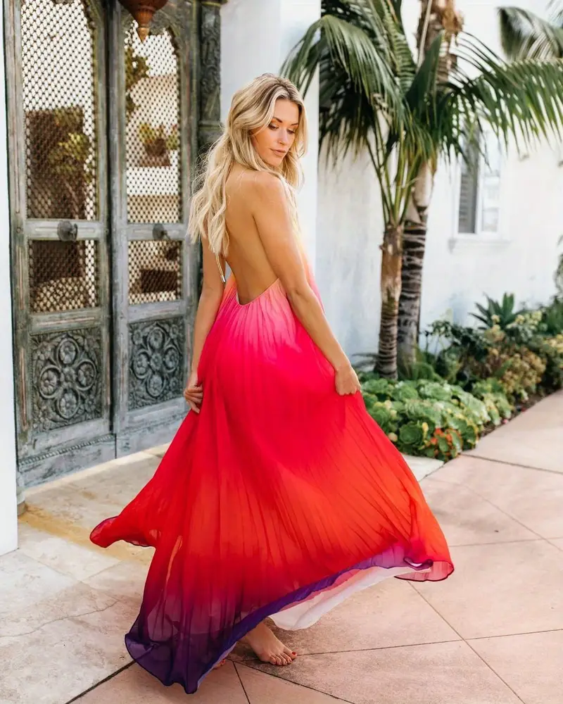Gradient Halter Neck Dress Sexy Backless Pleated Maxi Dress Temu Australia