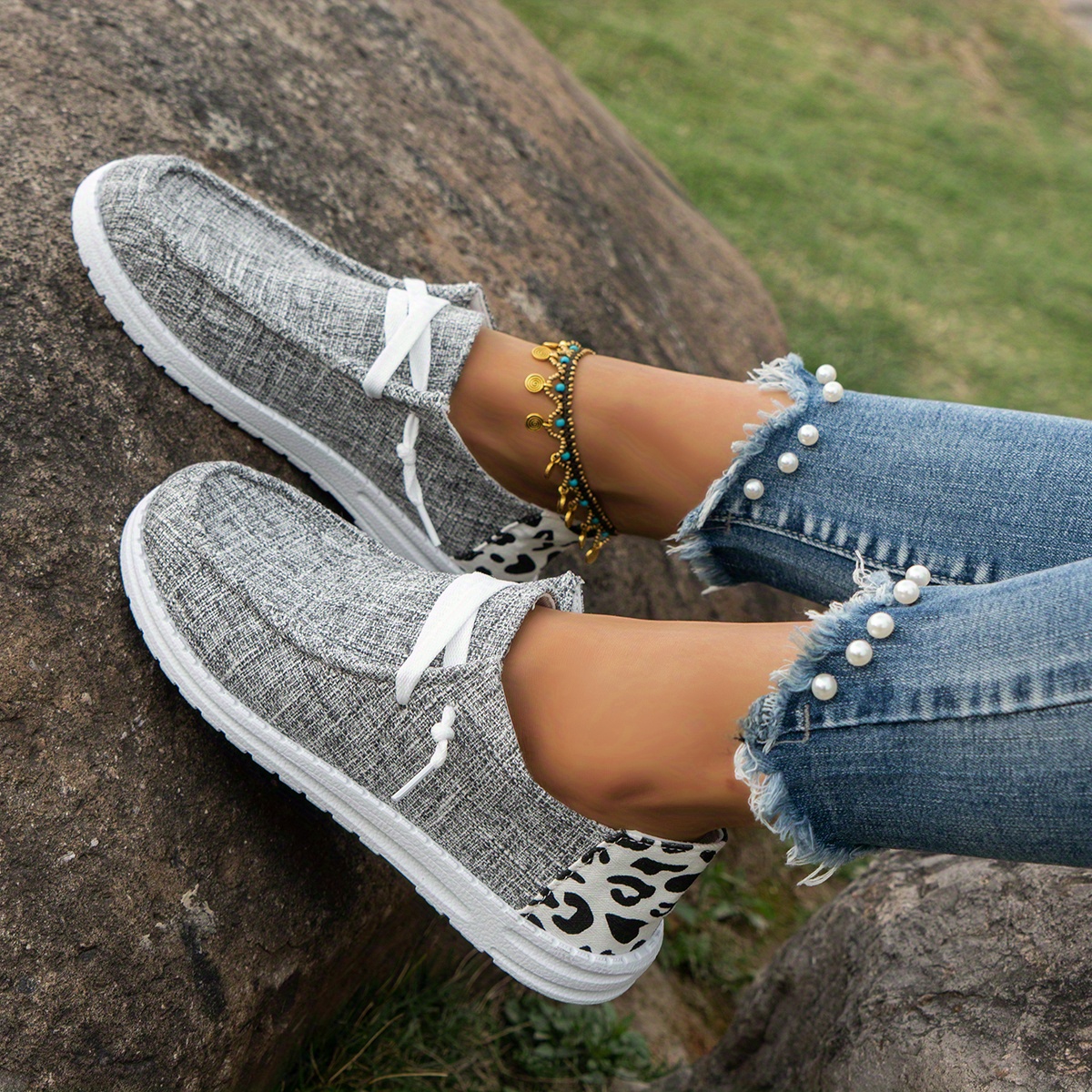 Women's Flat Canvas Shoes Leopard Printed Lace Up Low Top Sn - Temu Japan