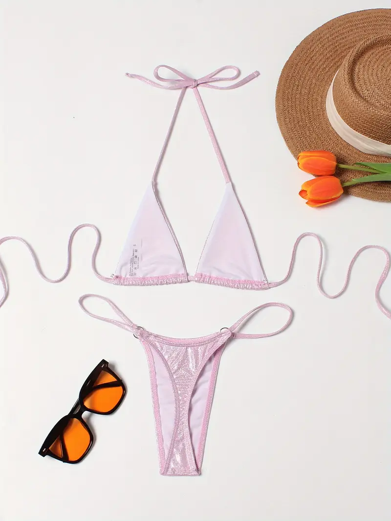 Metal Luster Halter Ring Triangle Bikini Spaghetti Straps Temu