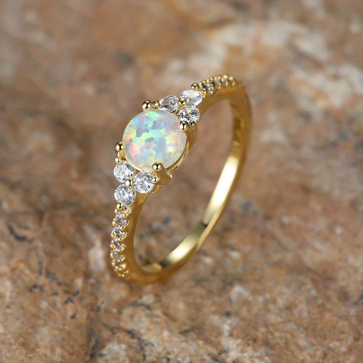 Inlaid Round Shape Opal Finger Ring Temperament Finger - Temu