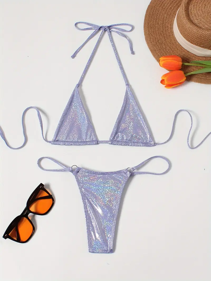 Bikini Triángulo Anillo Halter Brillo Metálico Traje Baño Temu Mexico