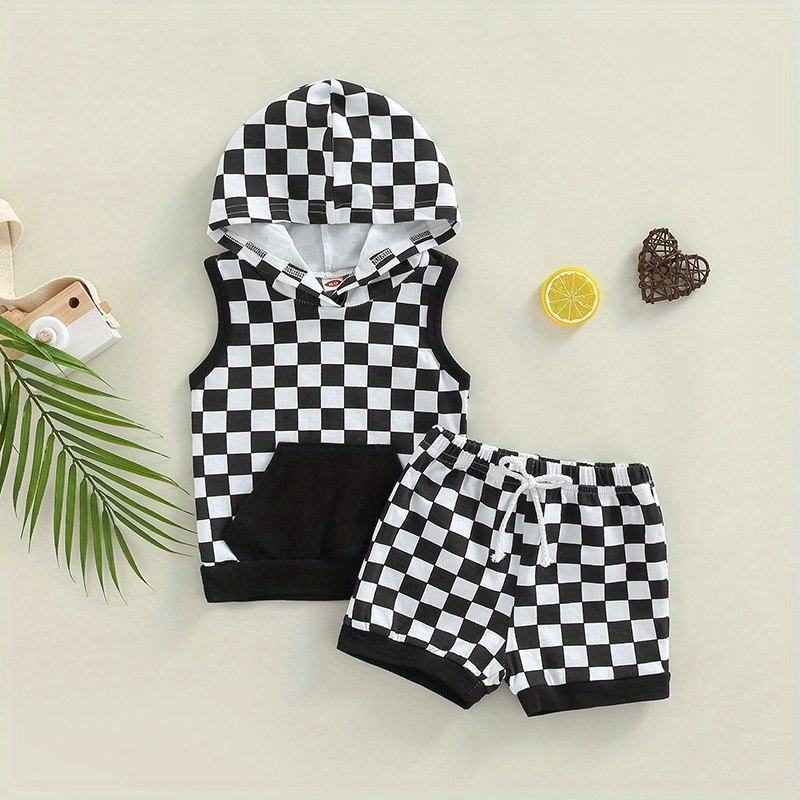 baby infant boys casual checkerboard hooded top shorts - {region_name}