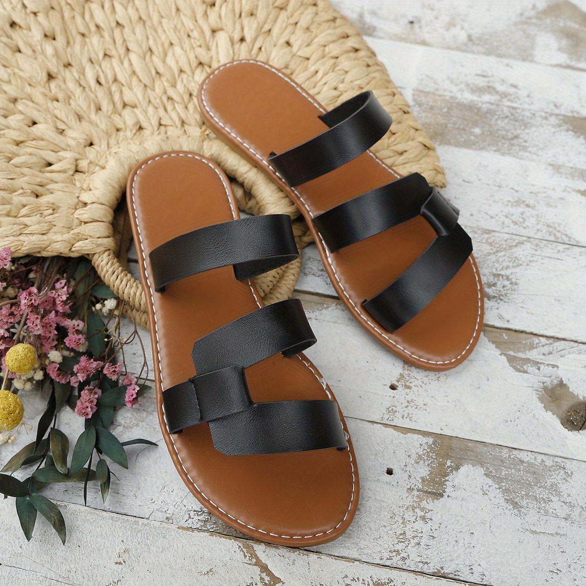 women's flat slide sandals lightweight round open toe slip - Temu ...