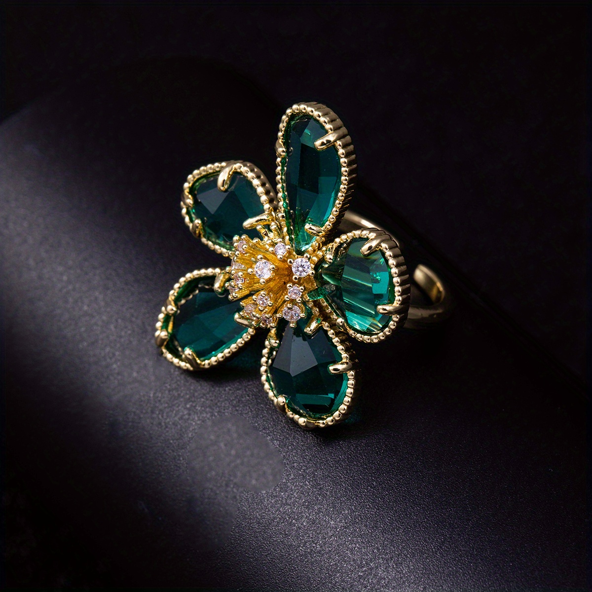 Men's Golden Plated Ring, Shiny Green Zircon & Big Flower Pattern ...