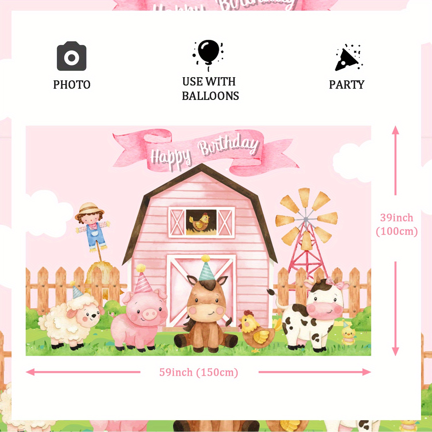 Farm Animals Birthday Backdrop Decorations Pink Happy - Temu Philippines