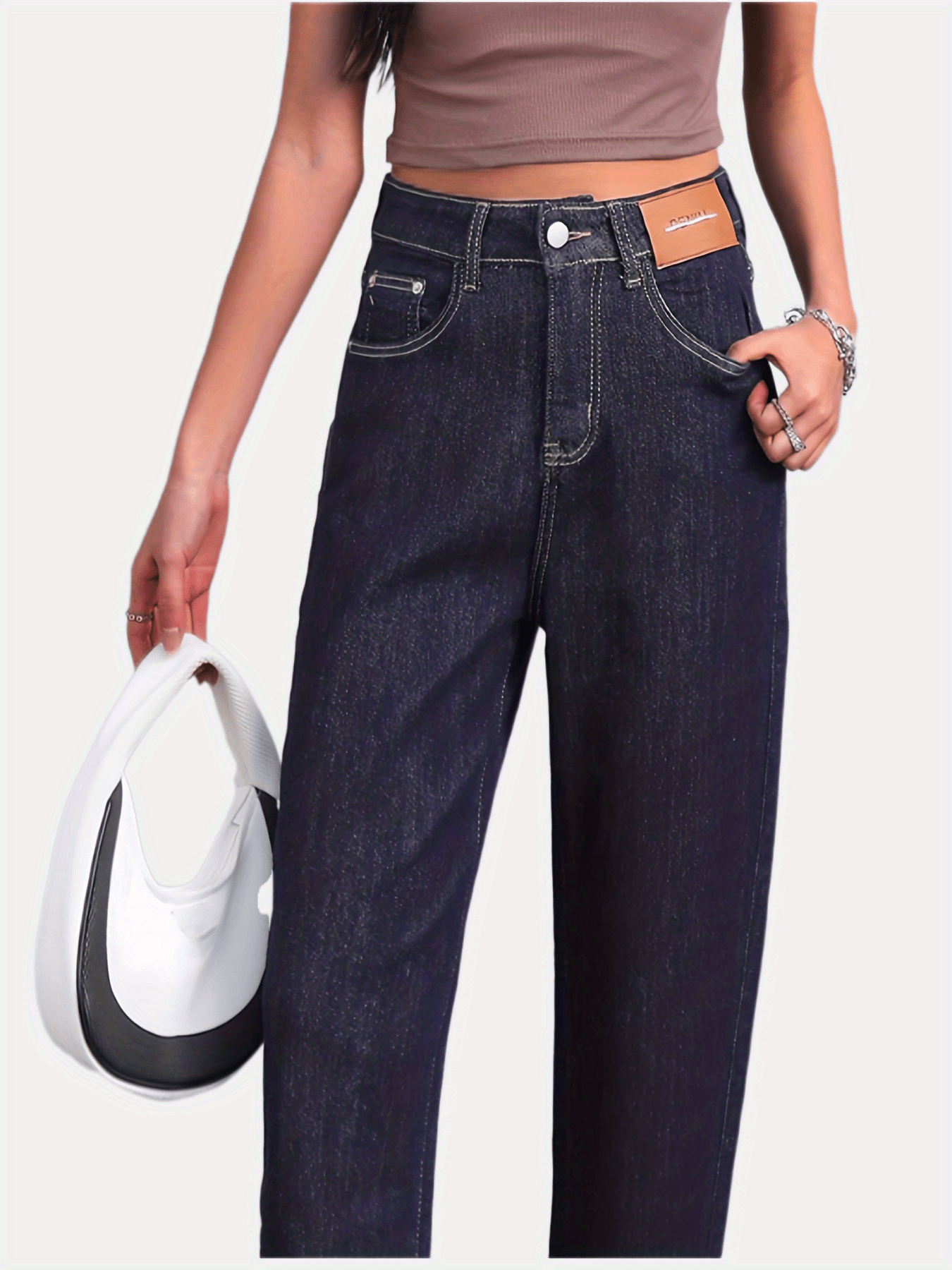 Deep Blue Roll Hem Haren Jeans High Strech Slash Pockets - Temu Canada