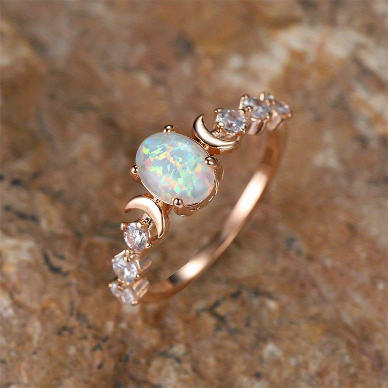 White Synthetic Opal Ring Rose Golden Ring Small Moon Decor - Temu