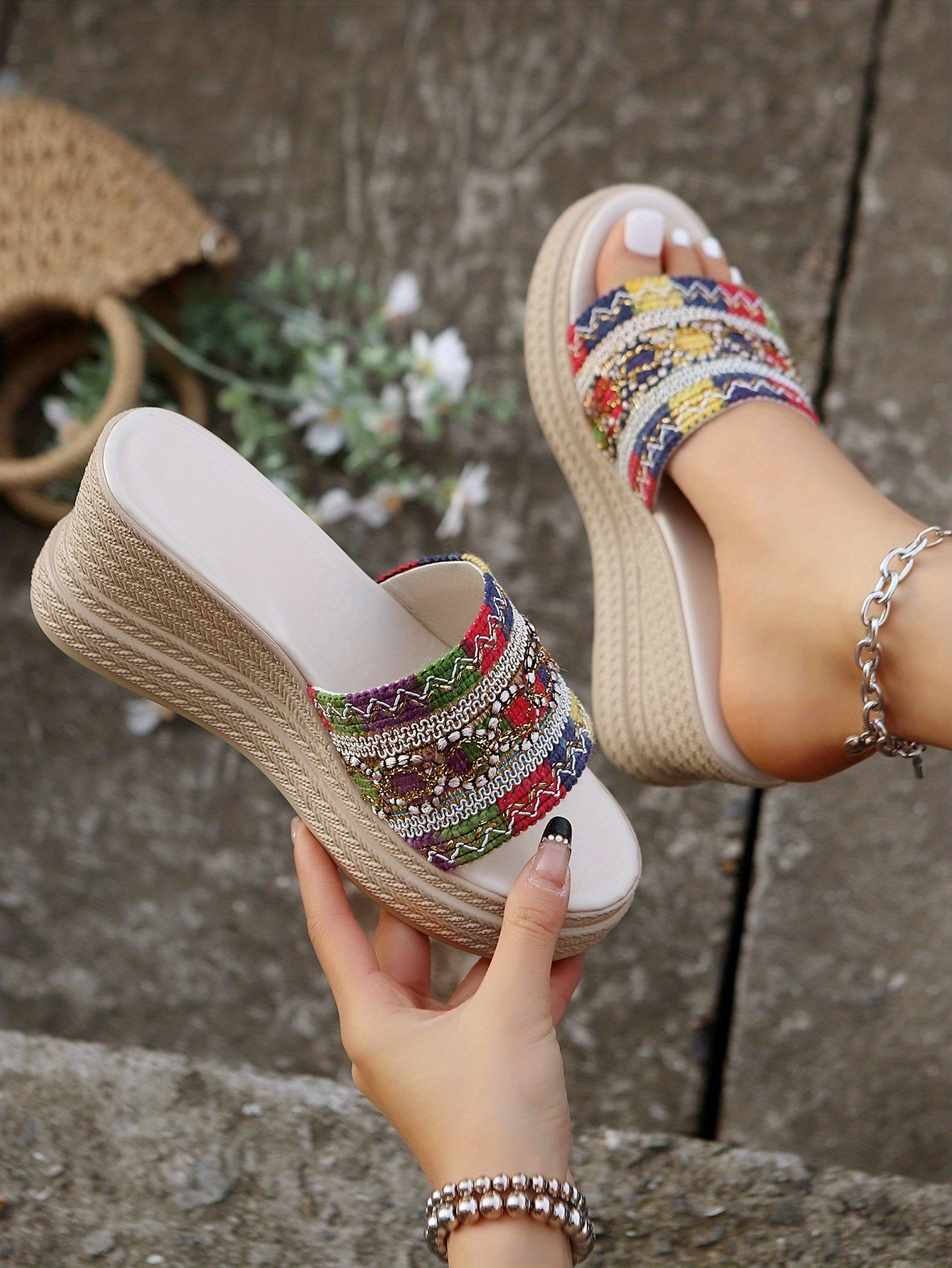 Women's Platform Wedge Sandals Open Toe Slip Colorblock Non - Temu Ireland