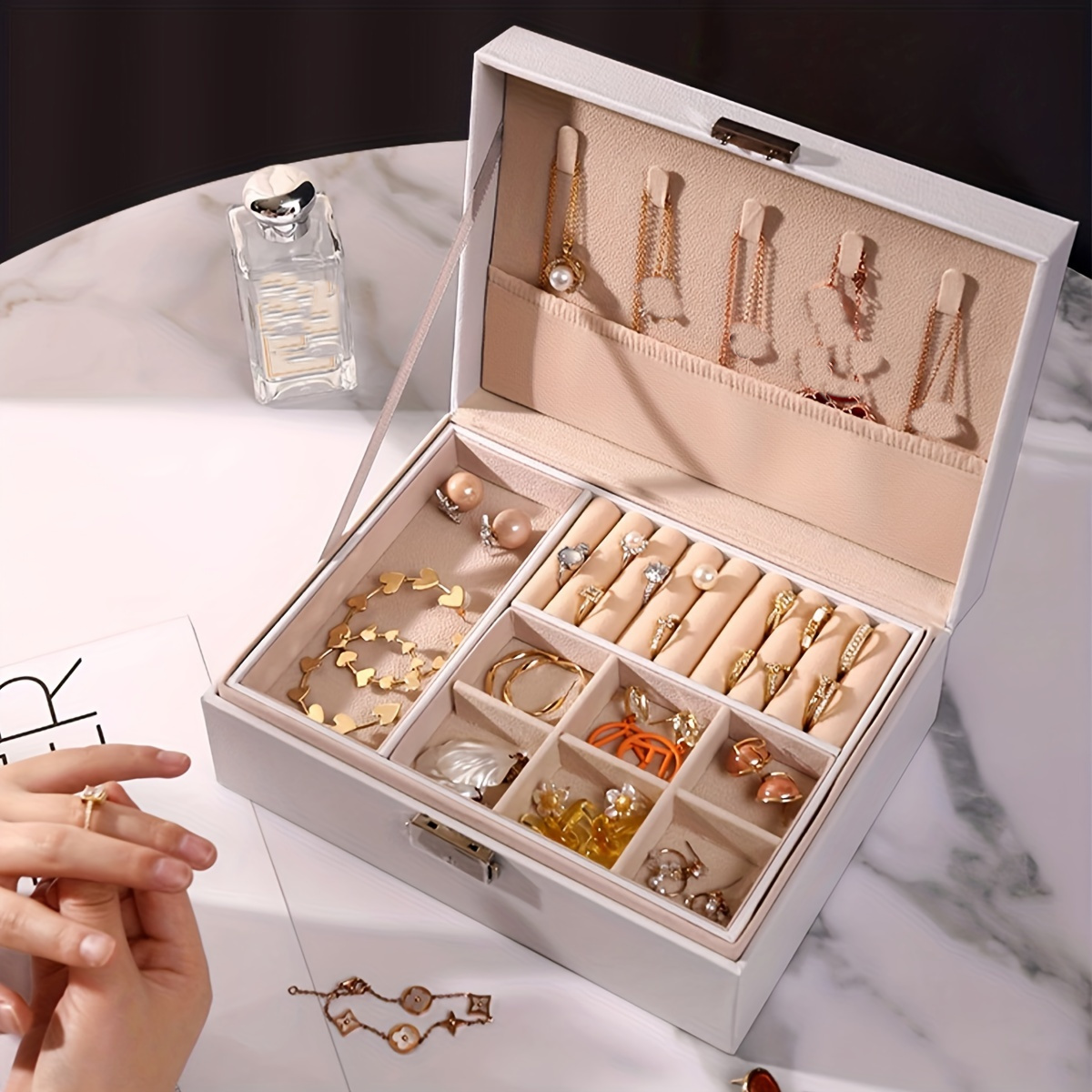 1pc Double Layer Jewelry Storage Box With Lock Pu Leather Earrings Ring ...