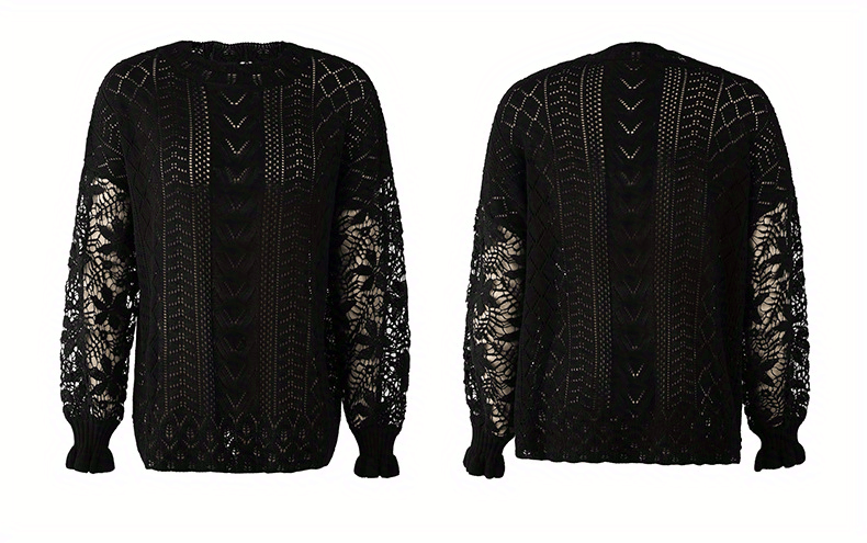 Contrast Lace Eyelet Knit Sweater Elegant Crew Neck Long - Temu United ...