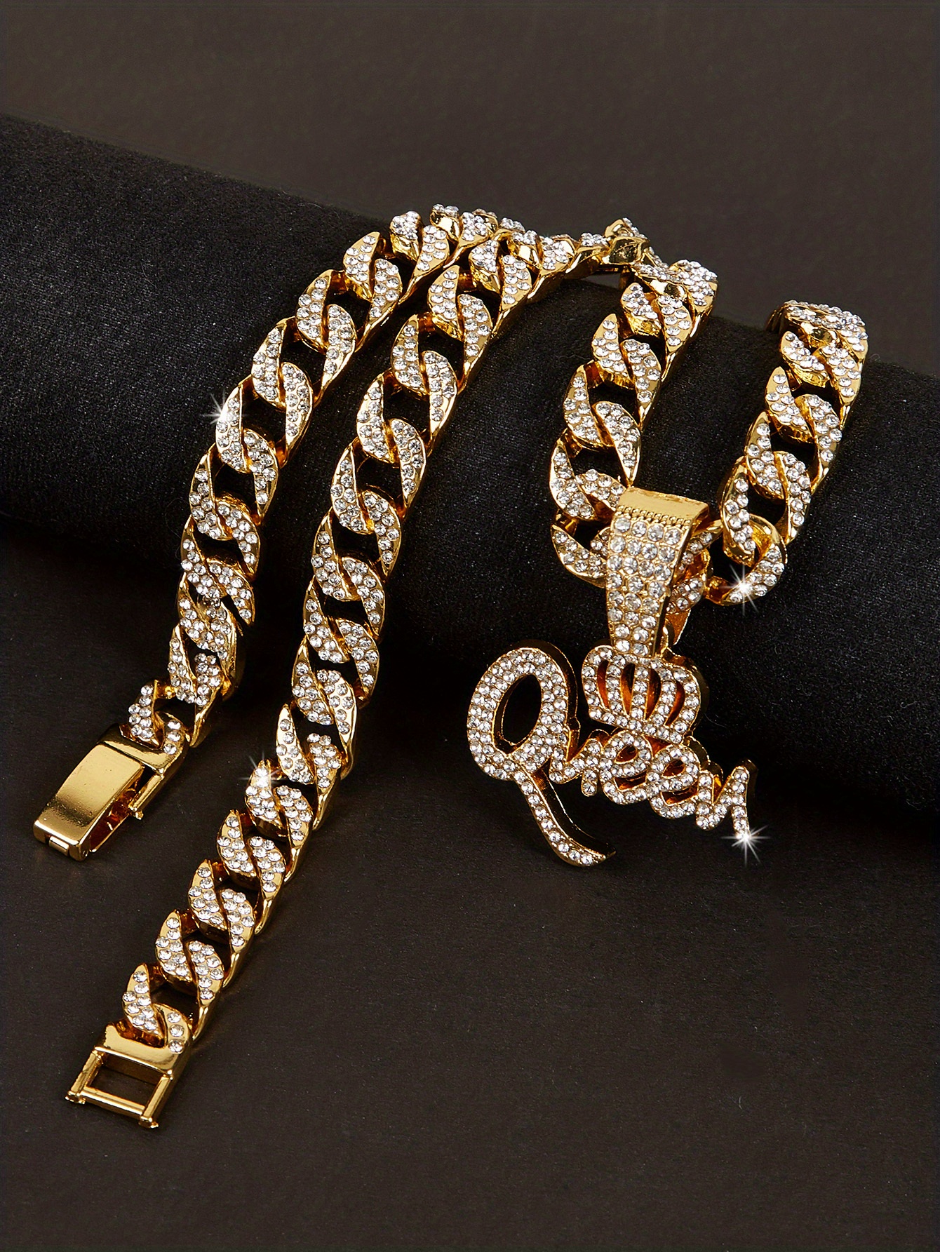 Crown Queen Pendant Necklace Cuban Link Chain Rhinestone - Temu