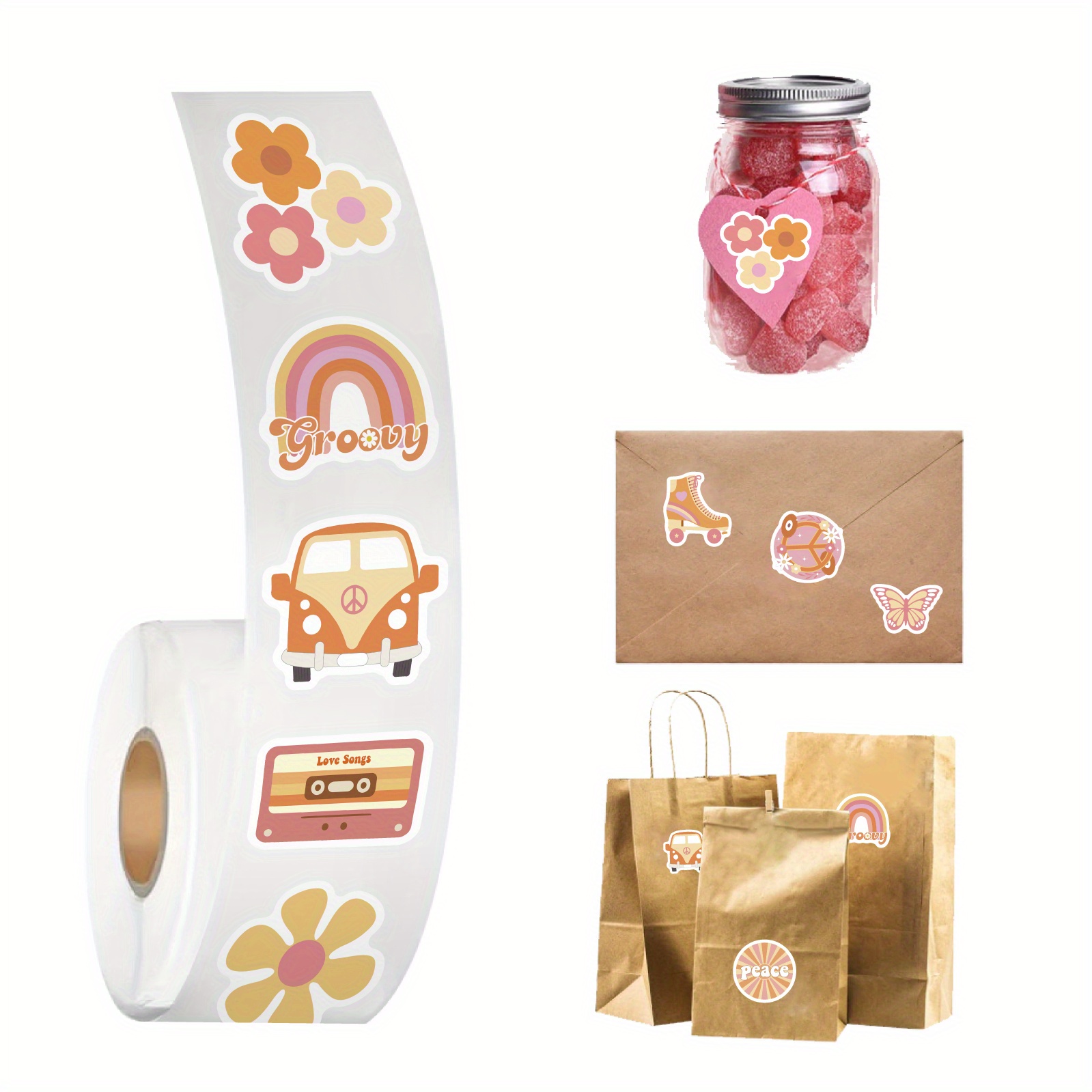 Groovy 70s Hippie Sticker Rolls 20 Designs Boho Theme - Temu