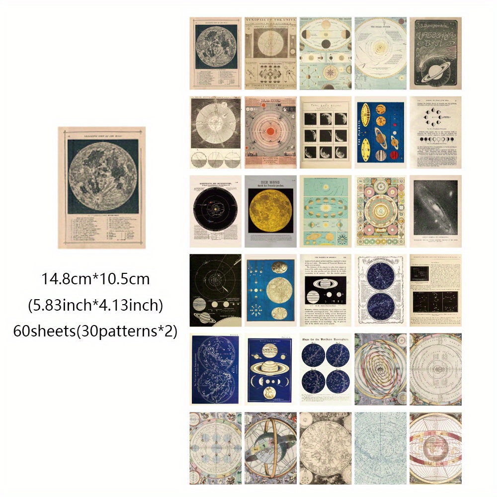 60 Sheets Vintage Scrapbook Paper Non Sticky Planetary World Materials ...