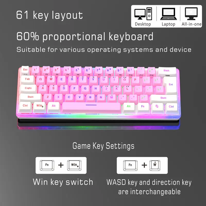 61 키 Rgb 백라이트 게이밍 Usb 키보드 미니 휴대용 투명 60 스케일 키보드 Type C 인터페이스 와이어 스플릿