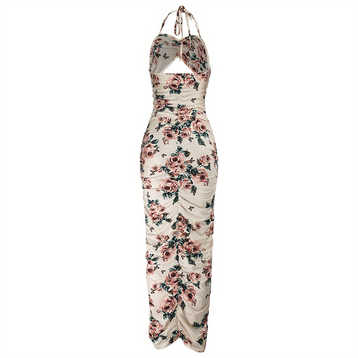 Floral Print Ruched Dress Elegant Cut Halter Neck Sleeveless - Temu Australia