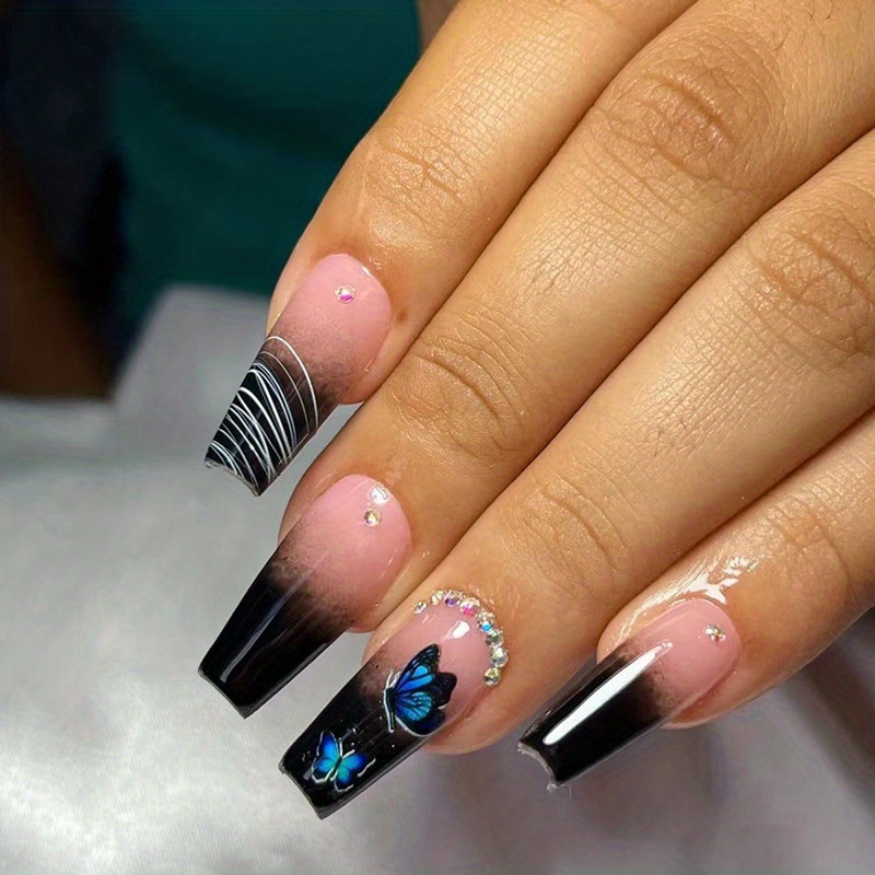 Black French Tip Nails Gradient Press Nails Butterfly - Temu United