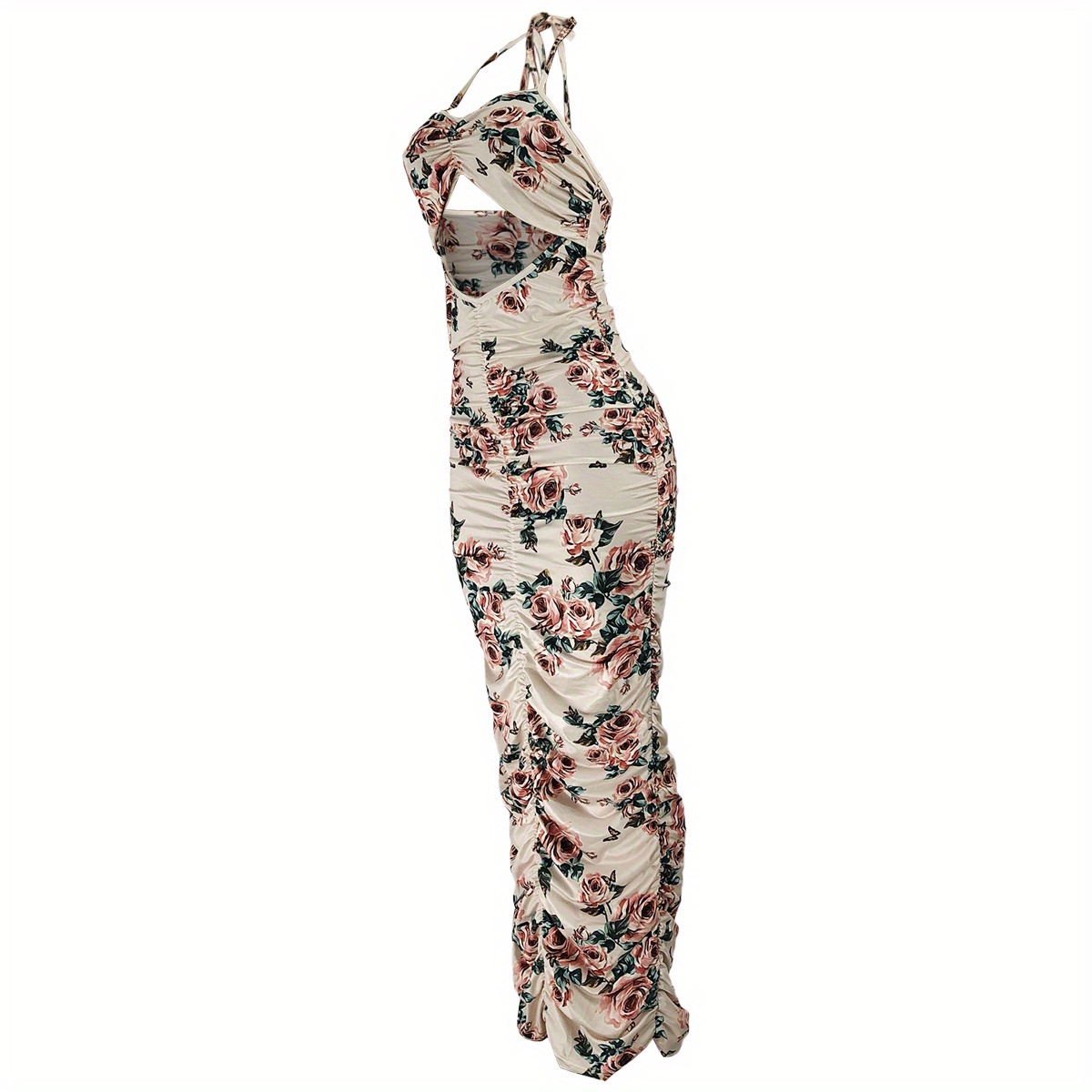 Floral Print Ruched Dress Elegant Cut Halter Neck Sleeveless - Temu Australia