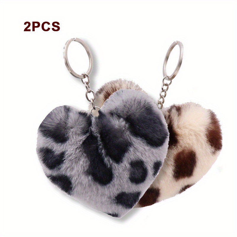 2pcs Leopard Print Plush Love Keychain Peach Heart Hair Ball Keychain ...