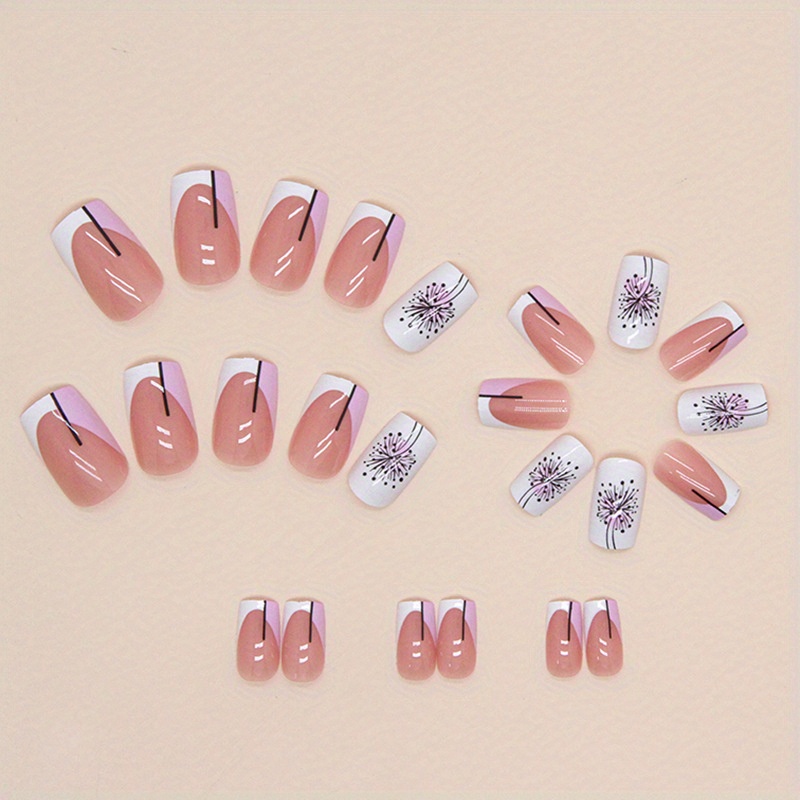 french tip press nails short square acrylic nails flower - Temu