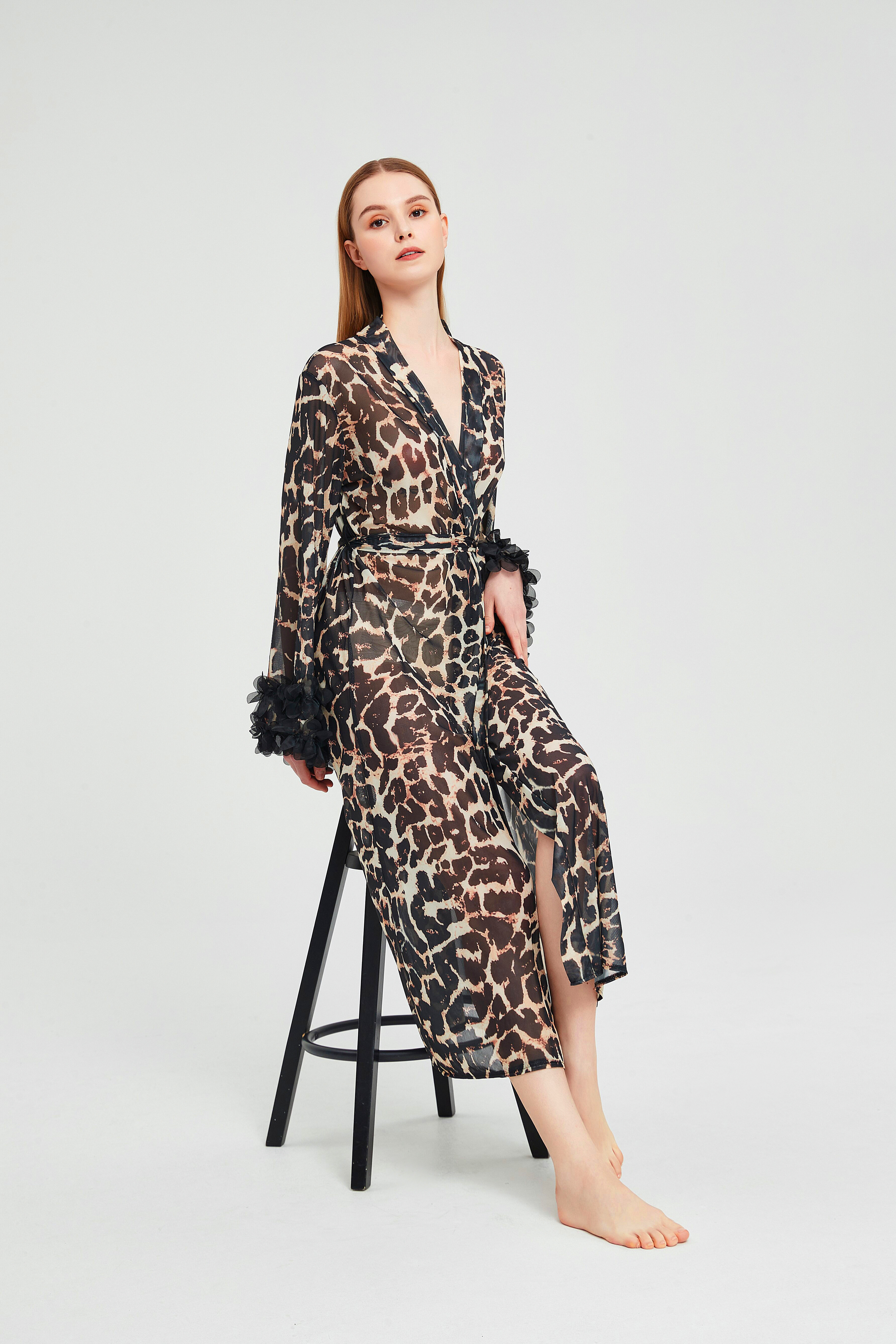 Leopard Print Night Robe Ruffle Long Sleeve V Neck House - Temu Canada