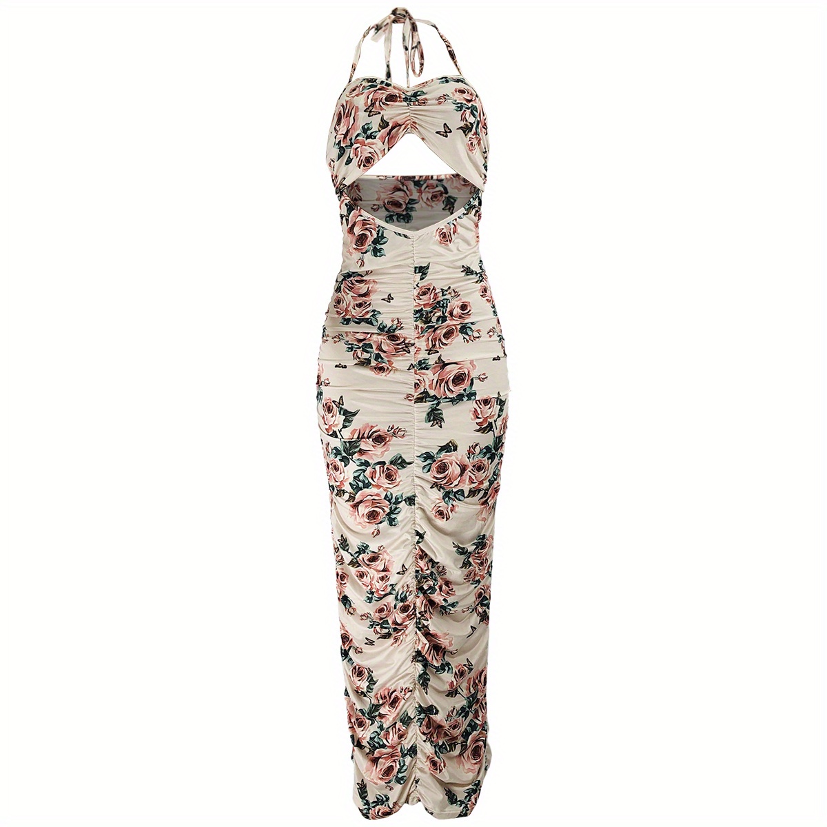 Floral Print Ruched Dress Elegant Cut Halter Neck Sleeveless - Temu Australia