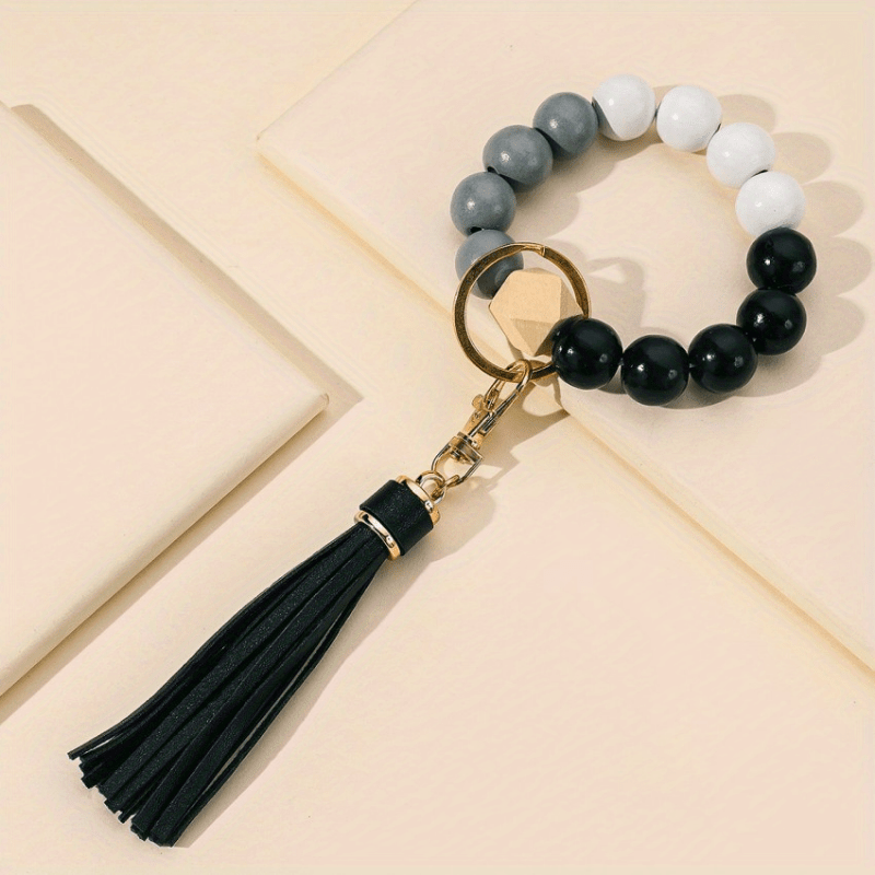 New Wooden Bead Key String Car Key Chain Key Ring Bracelet Leather ...