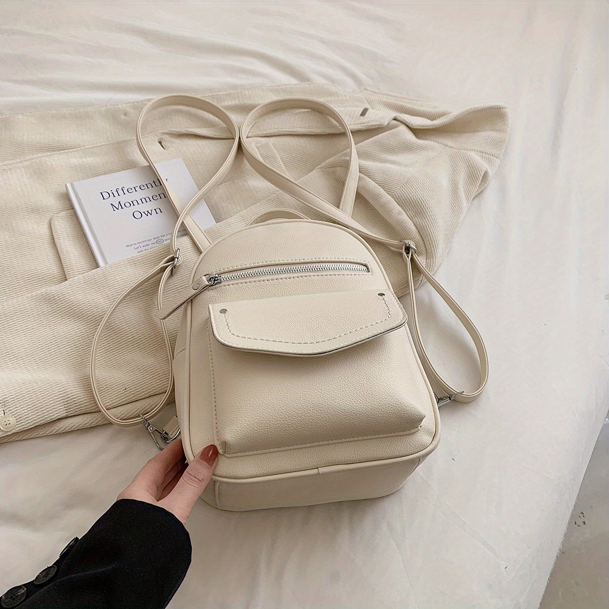 Solid Color Zipper Backpack Faux Leather Waterproof Knapsack - Temu ...