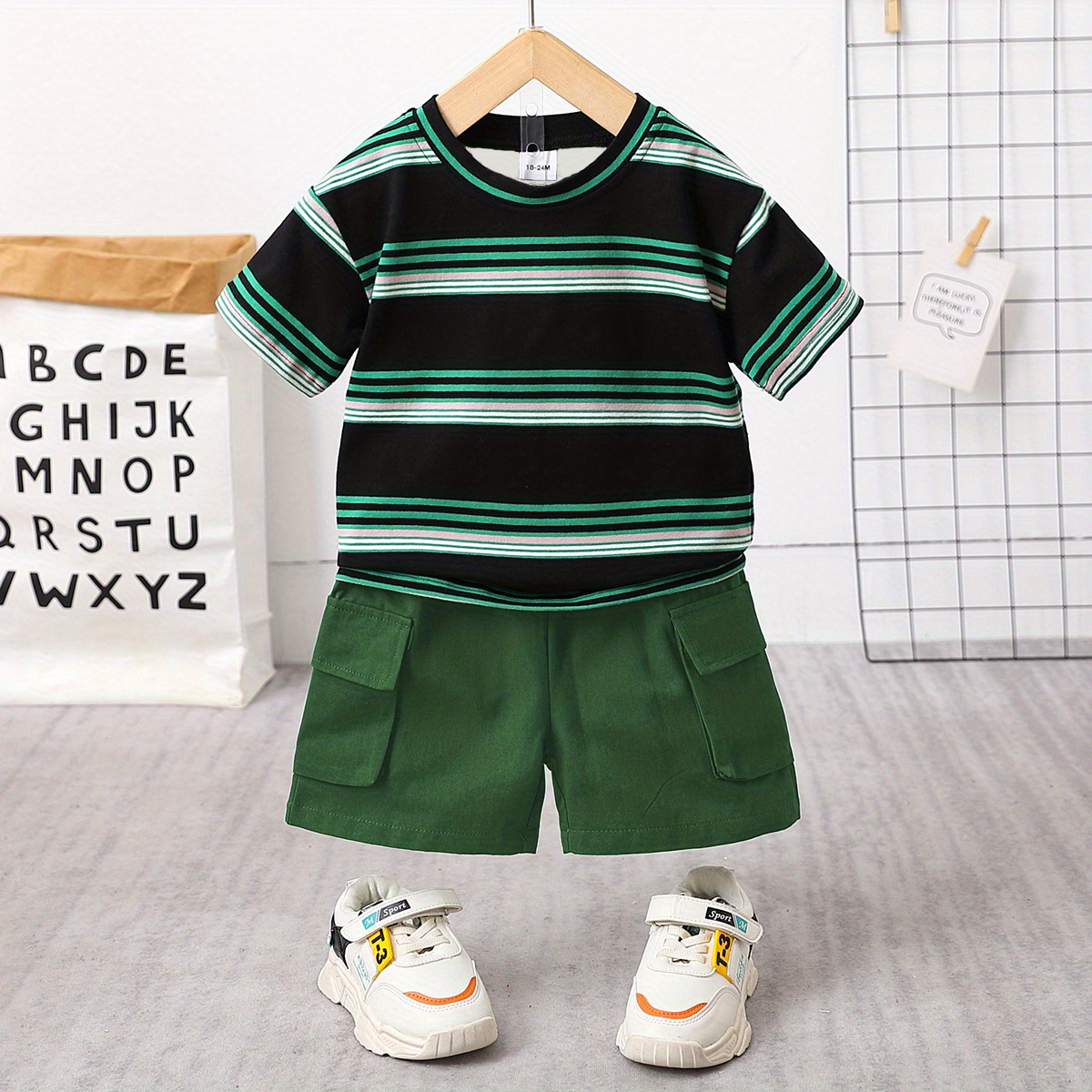 Boys Striped Outfit Short Sleeves Round Neck T shirt Cargo - Temu United Kingdom