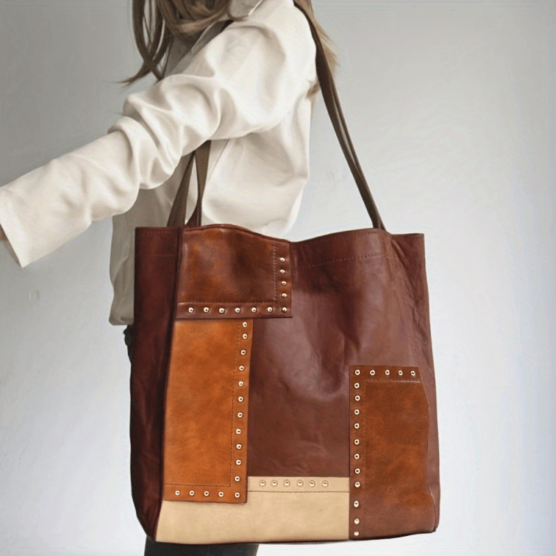 Studded Decor Tote Bag Retro Style Patchwork Shoulder Bag Women's ...