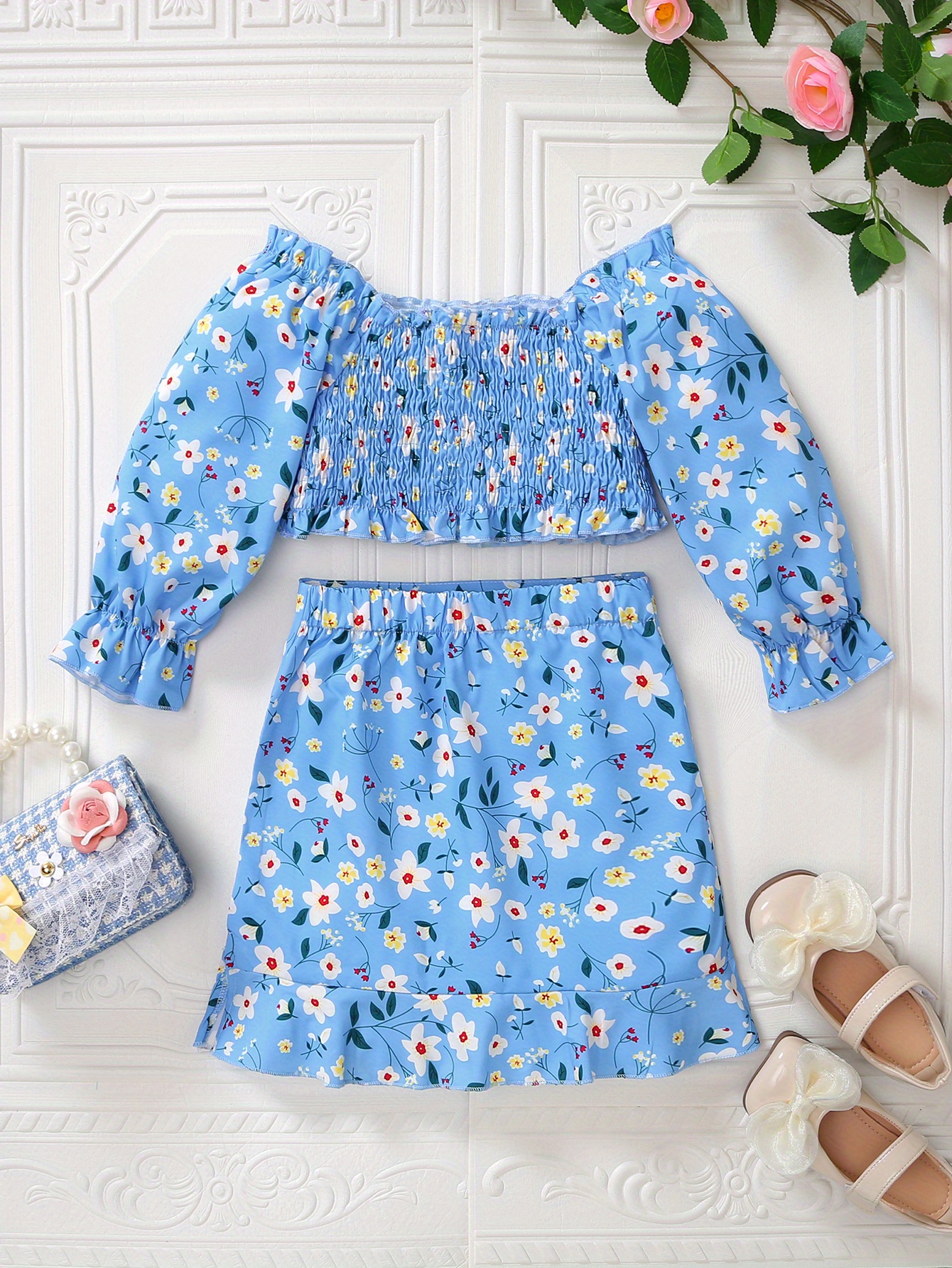 Girls Elegant Cute Flower Graphic Shoulder Top Skirt Temu