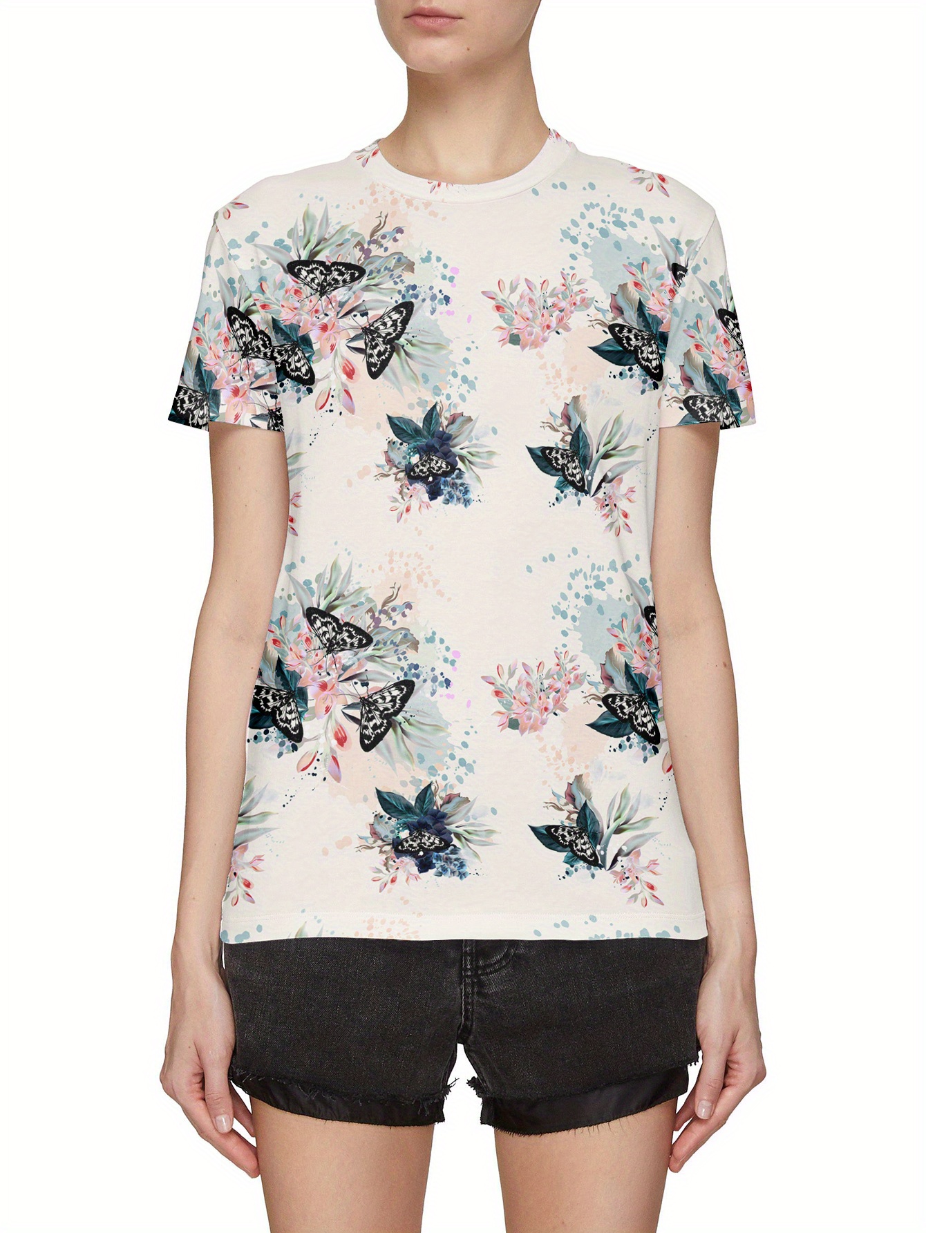 Floral Print T shirt Short Sleeve Crew Neck Casual - Temu Norway