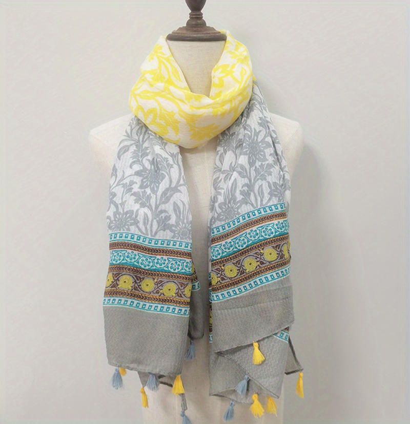 Boho Flower Print Tassel Scarf Vintage Color Block Shawl - Temu Australia