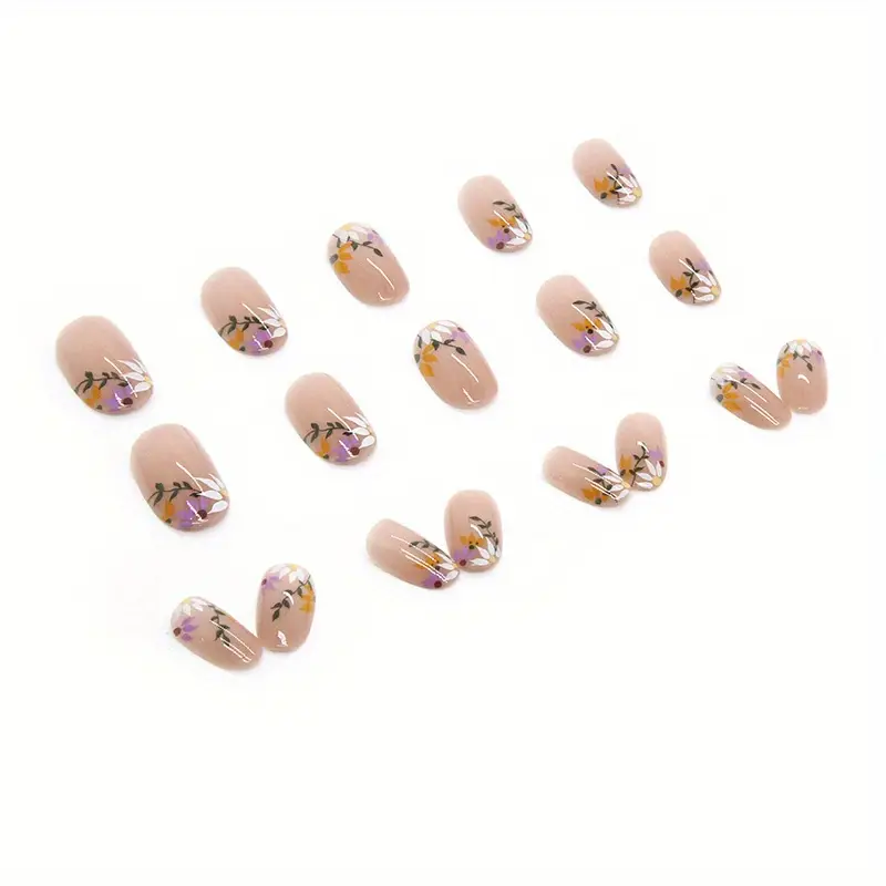 Oval Press On Nails Short Fake Nails French Tip Flower Round Acrylic