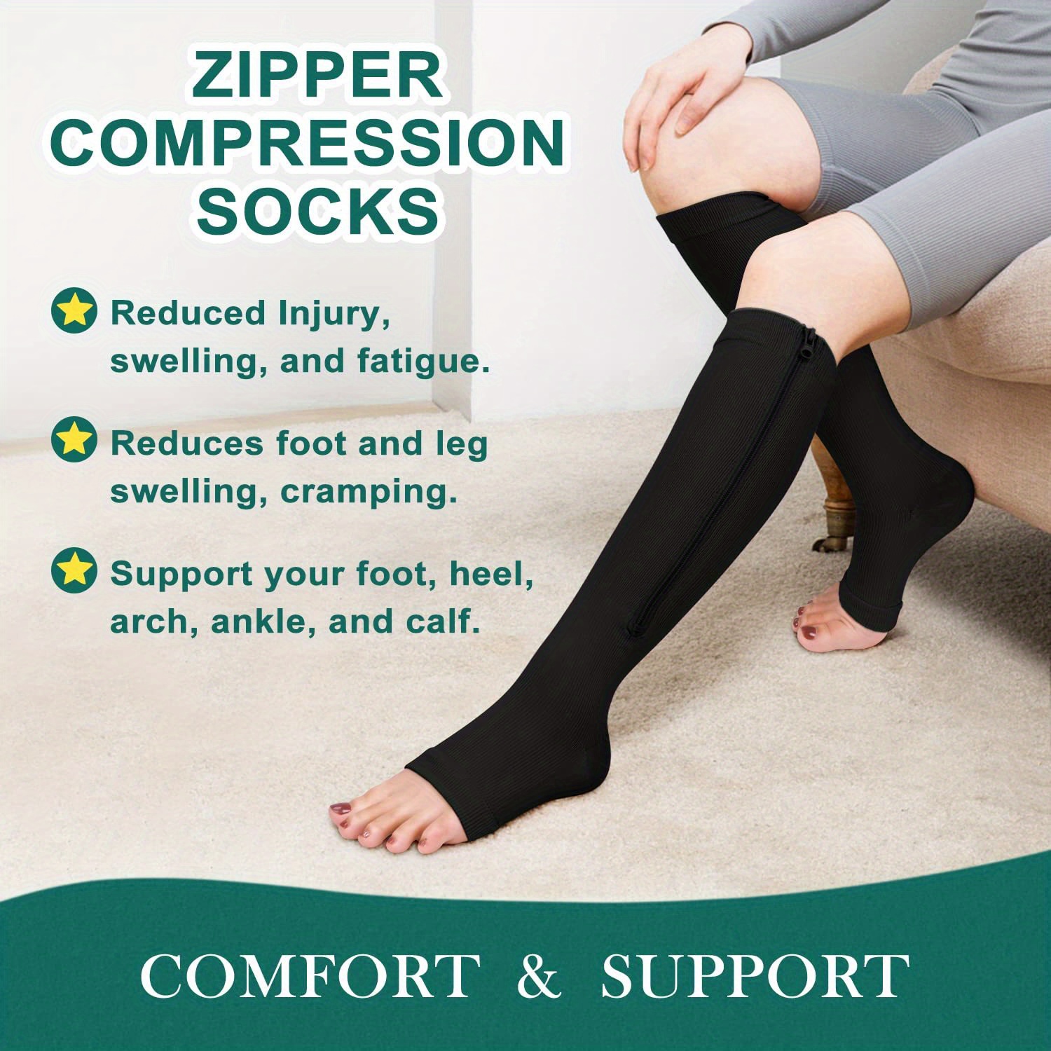 Copper Zipper Open Toe Compression Socks Women Toeless Knee - Temu ...