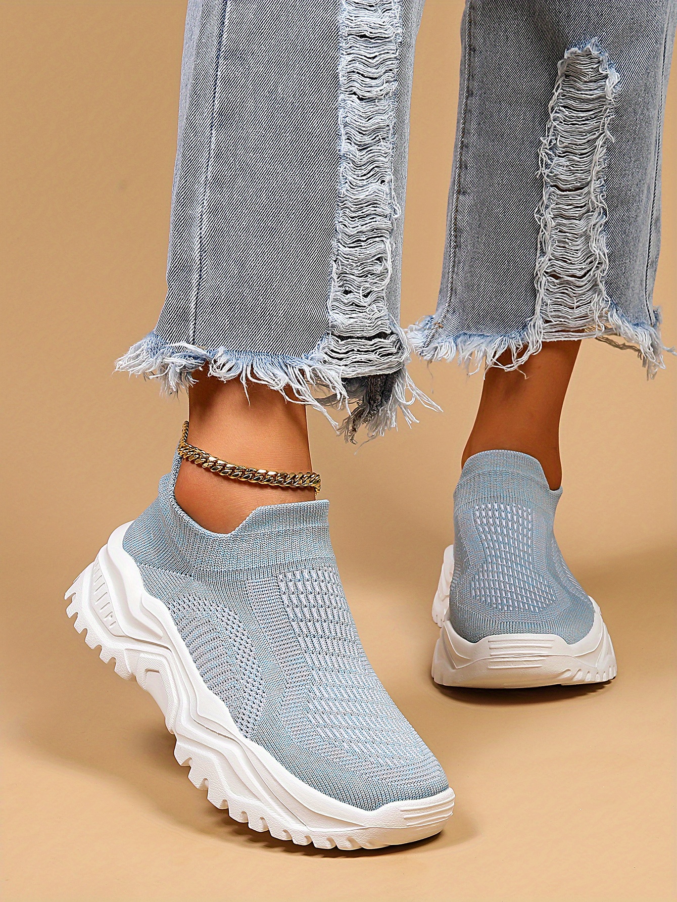 Women's Light Blue Running Shoes Flying Woven Textured - Temu